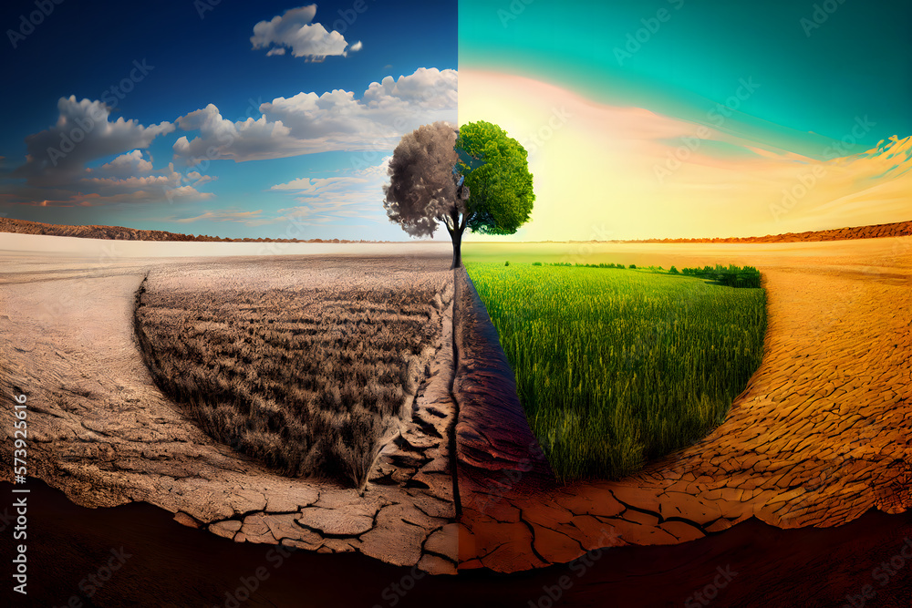 tree on drought crack land and green healthy land split in the middle ...