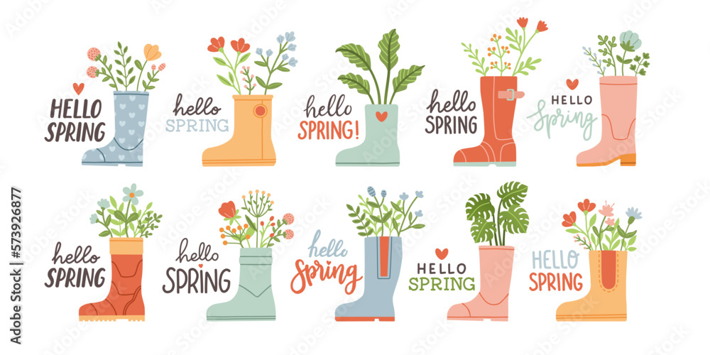 Hello spring. Cute rain boots set with flowers plants. Hand drawn ...