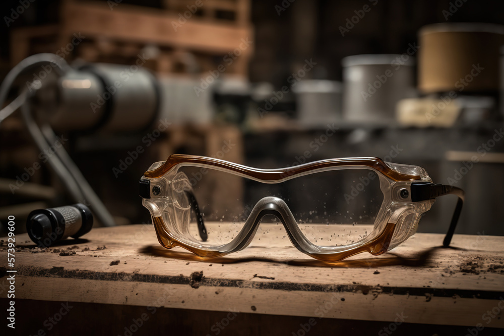 A construction worker safety glasses is placed on the factory workplace ...