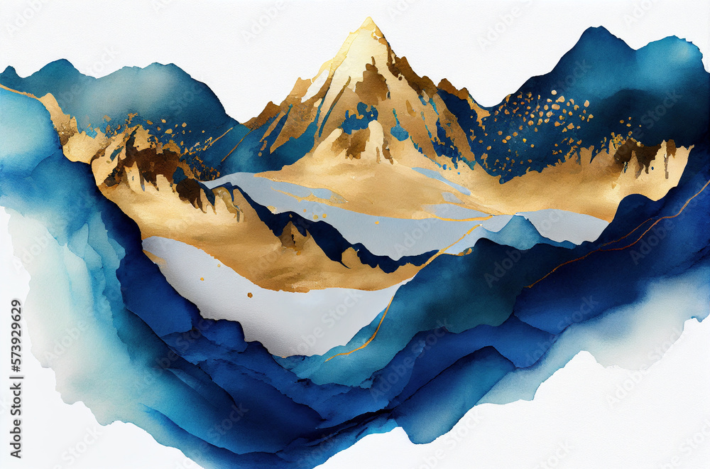 Gold and blue abstract background, waves and mountains silhouettes ...