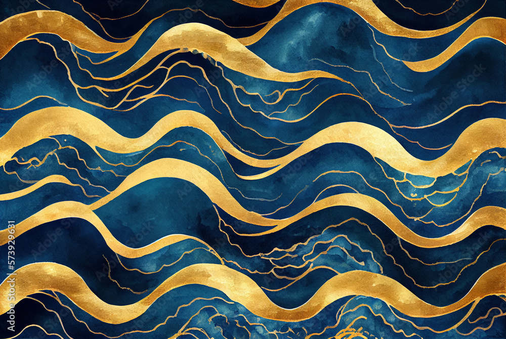 Sea waves pattern abstract background, blue and gold waves texture ...