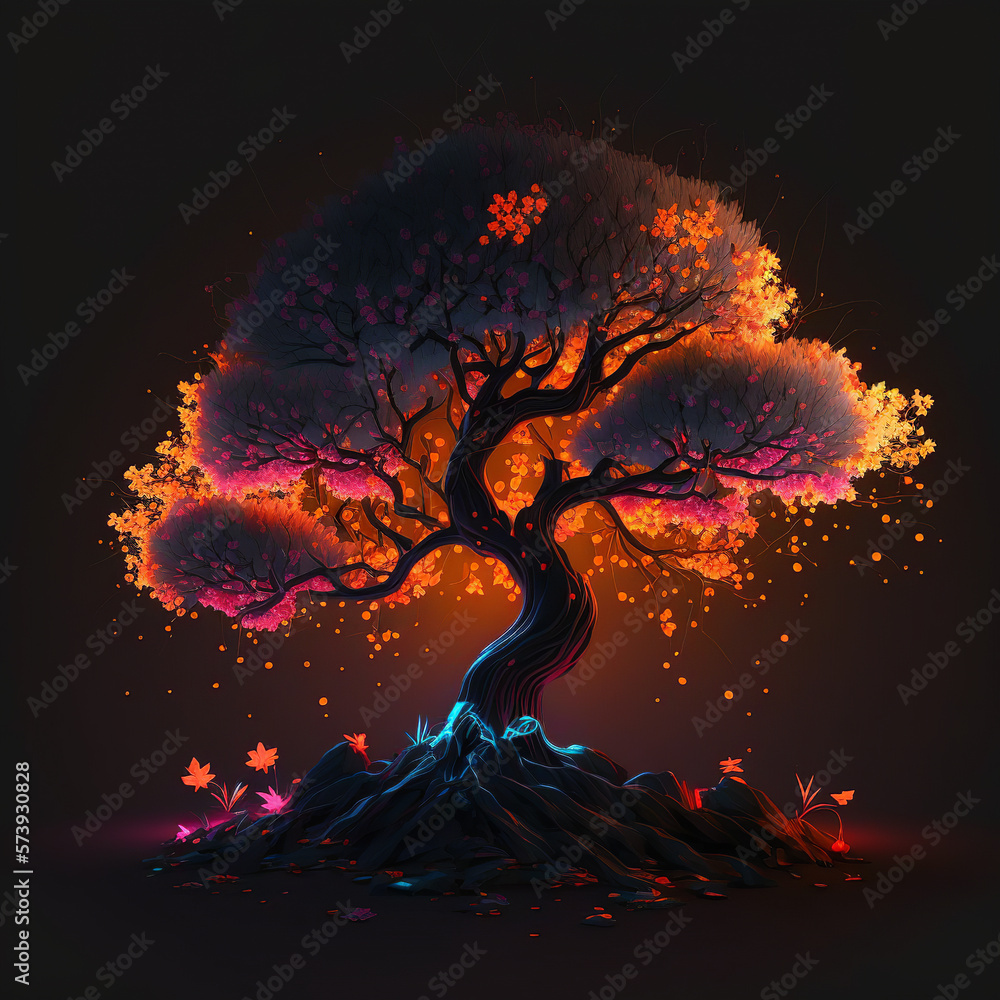 A large Japanese Bonsai Tree in pink and orange neon lights filled with glowing fireflies and ...