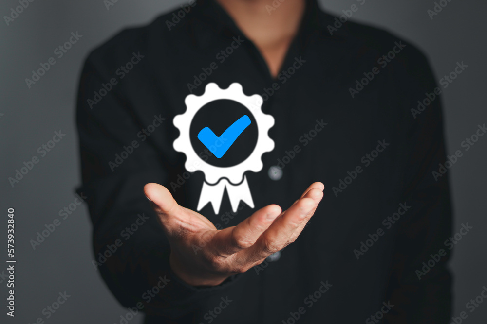 Hand showing the symbol of leading service Quality assurance, assurance ...