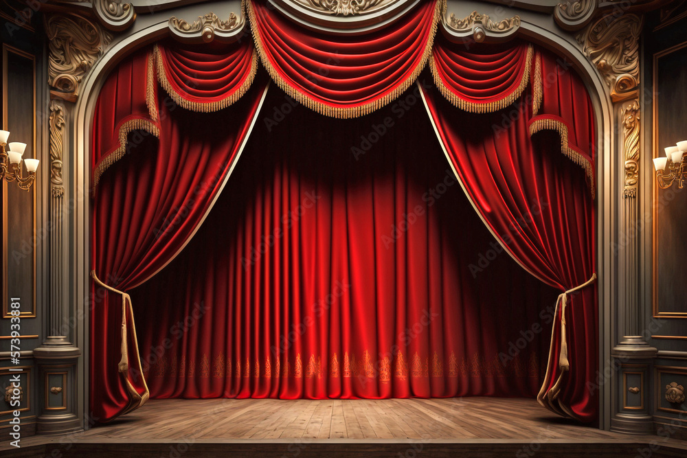 Theater stage with red curtains, spotlights and empty seats rows ...