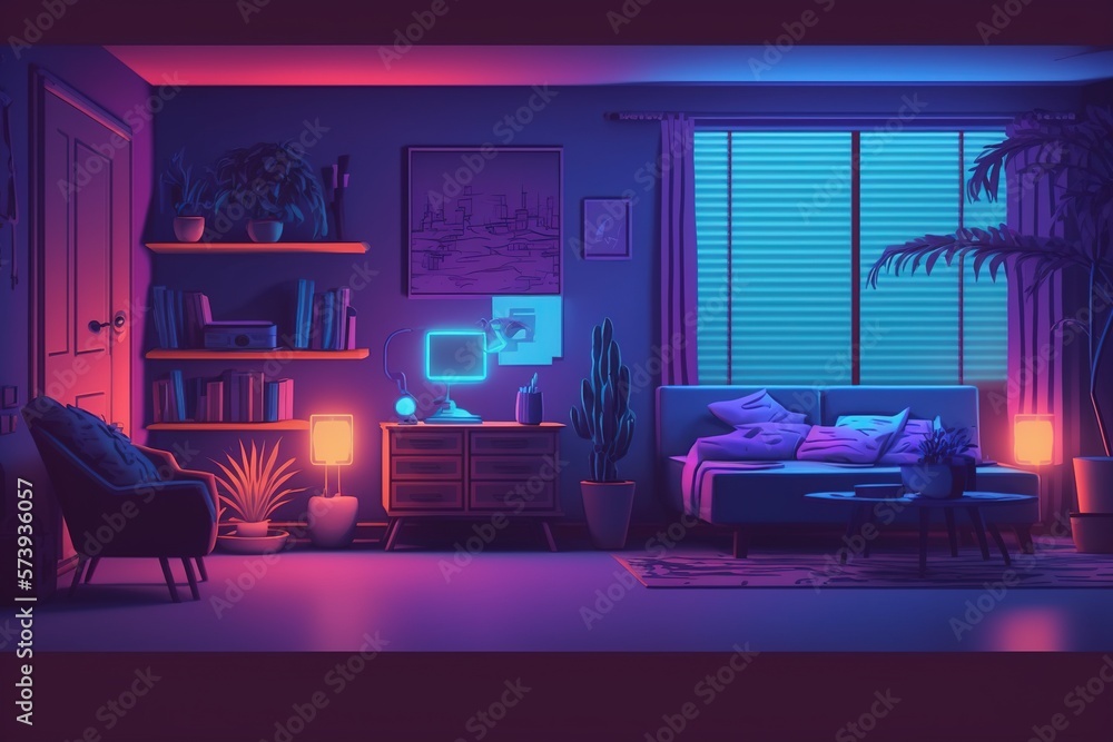 interior of a room interior lofi digital art neon style Stock ...