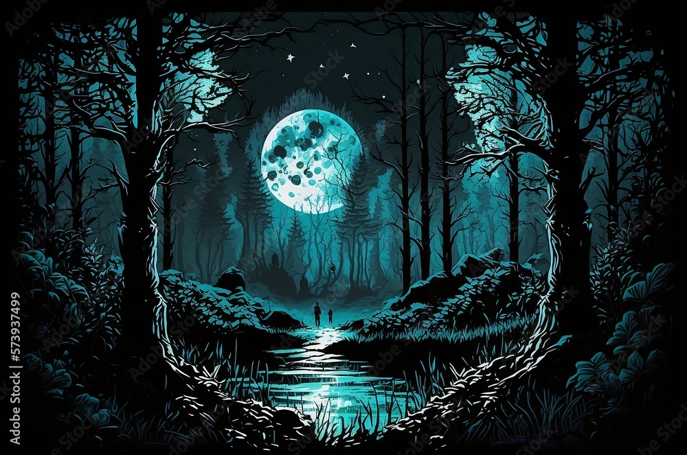 forest at night with the bright moon and trees in an enchanting ...