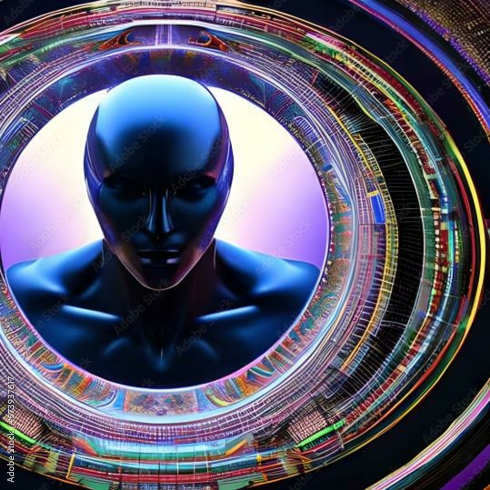 Parts of a human being with parts of a computer, forming an abstract ...
