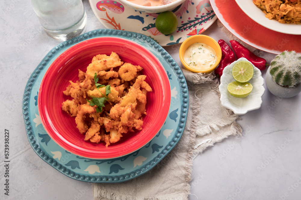 Chicharron de pota chicharron fish sticks Sea food ceviche Assorted ...