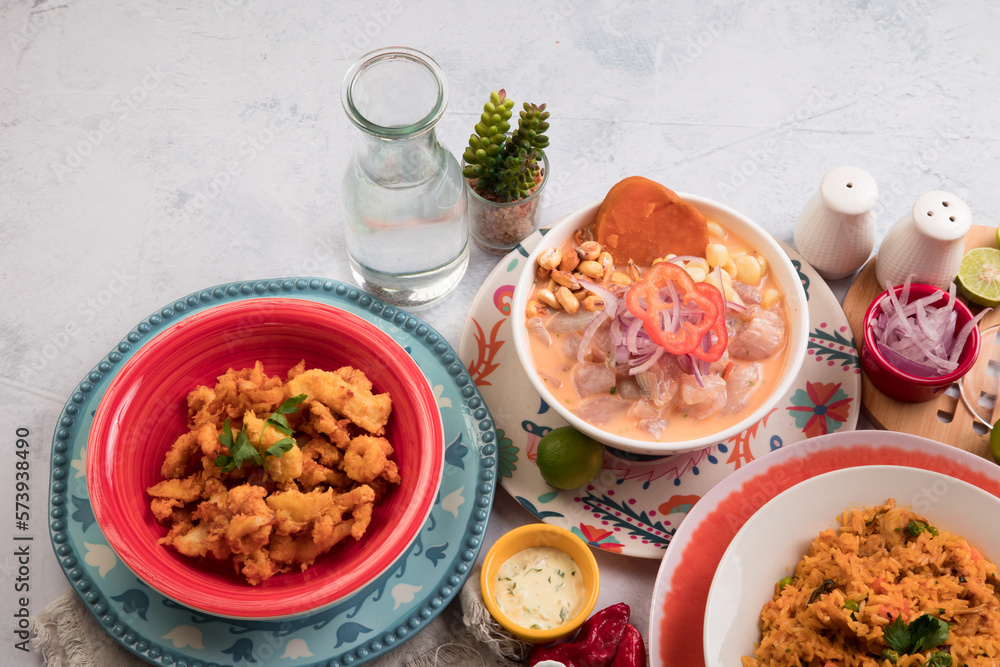 Chicharron de pota chicharron fish sticks Sea food ceviche Assorted ...