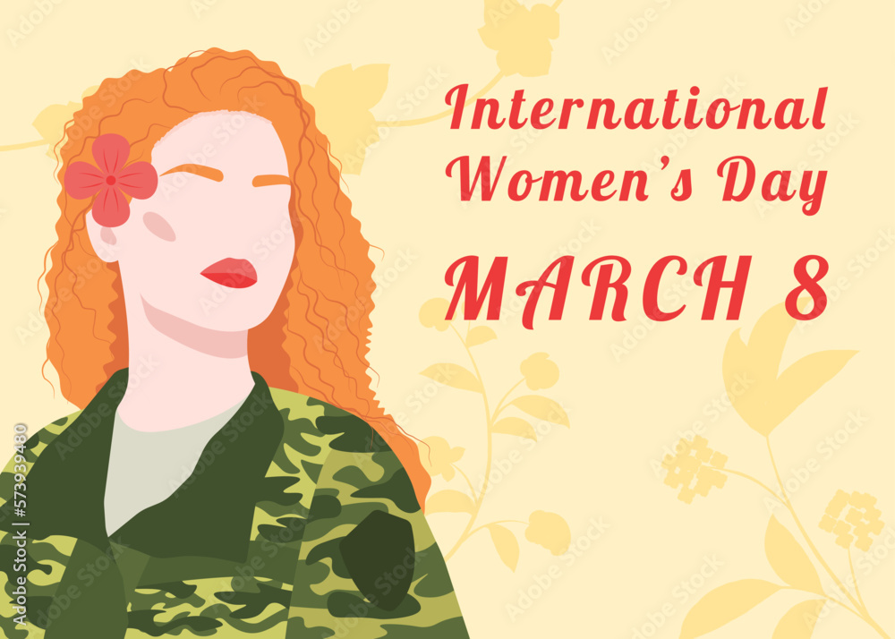 International Women's Day. 8 March. Postcard. Redhead military woman ...