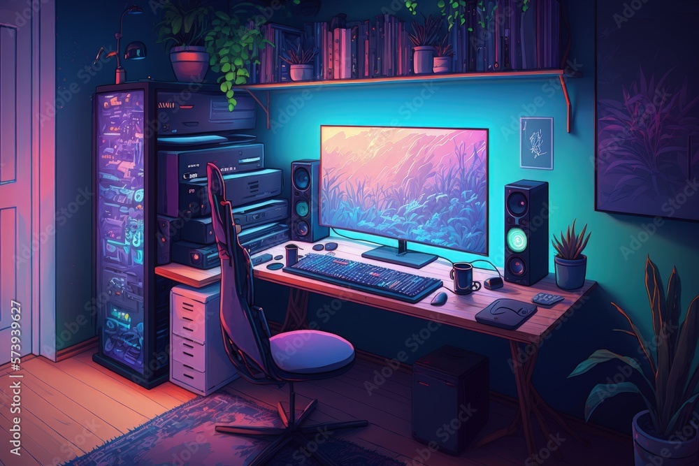 Gamer room with setup, gamer pc, gradient background. Generative AI ...