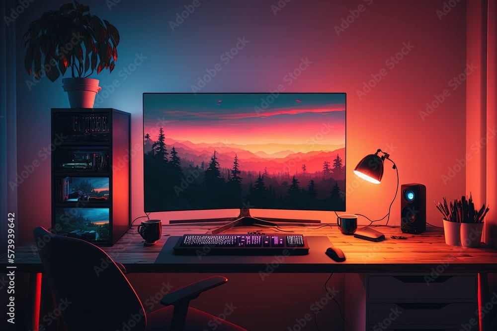 Gamer room with setup, gamer pc, gradient background. Generative AI ...
