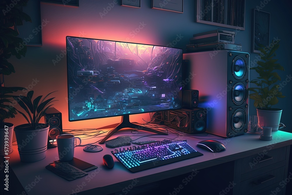 Gamer room with setup, gamer pc, gradient background. Generative AI ...