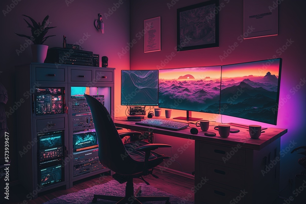 Gamer room with setup, gamer pc, gradient background. Generative AI ...