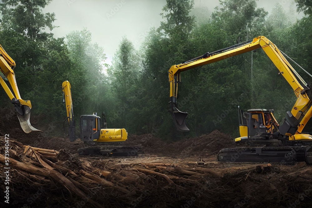 Excavator Grapple during clearing forest for new development. Tracked ...