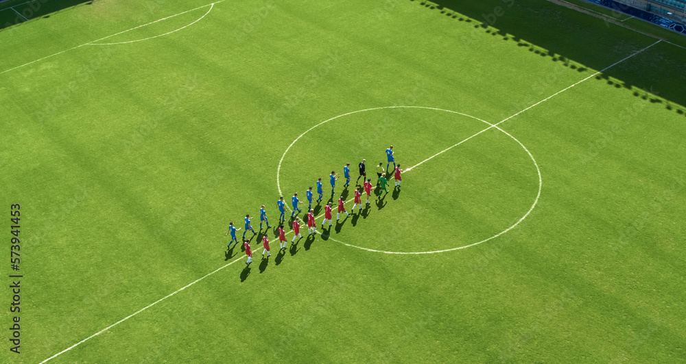 Aerial Top View Shot of Soccer Championship Match Beginning: Two ...