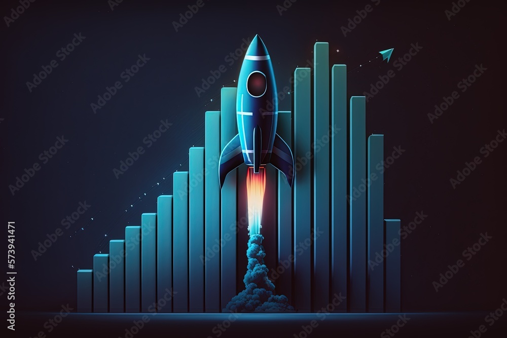 Rocket ship and bar chart illustration, blue background. Generative AI ...