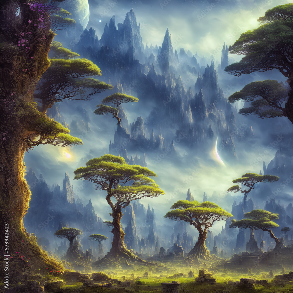 Generative AI landscape showing ancient forest and mountain range with ...