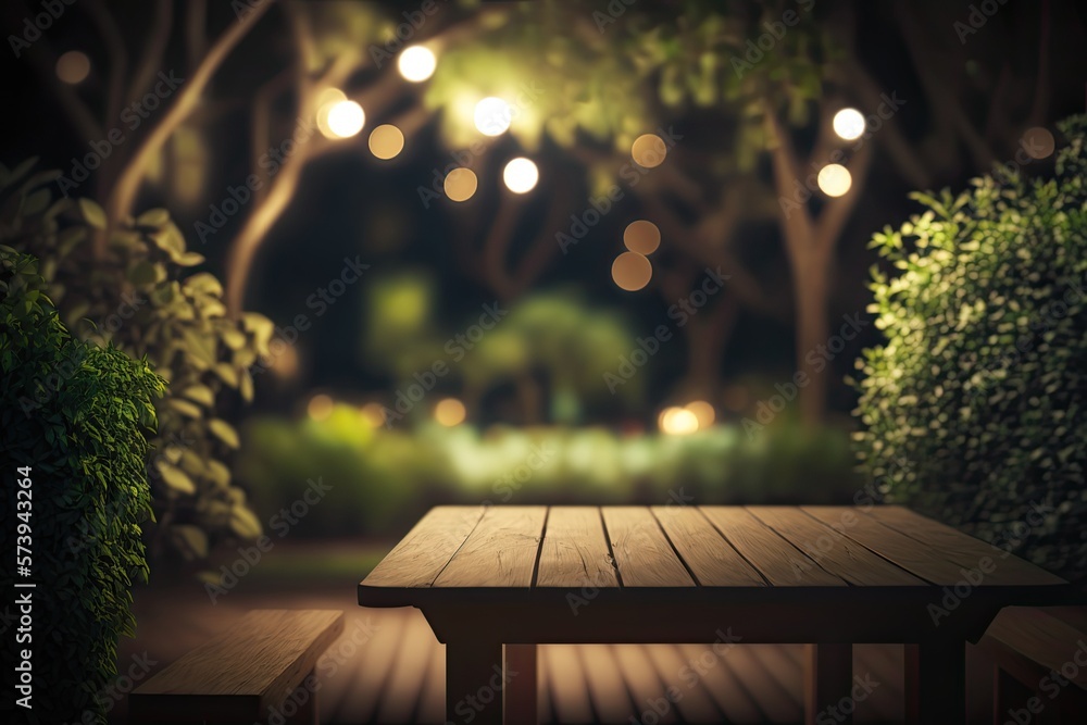 Empty Wooden Patio Table Backdrop with Blurred Outside Garden at Night ...