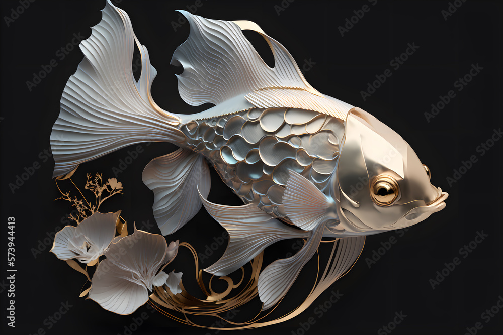 Illustrative figure of a carved white fish. Chinese art with golden ...