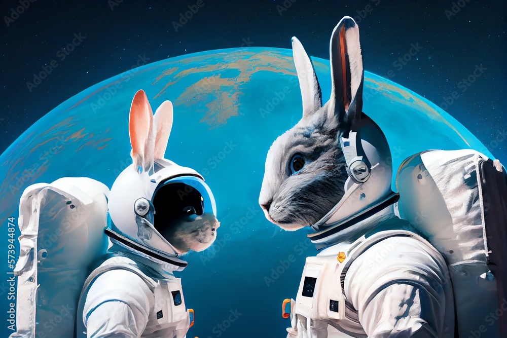 two rabbits in space suits with a planet in the background and a blue ...