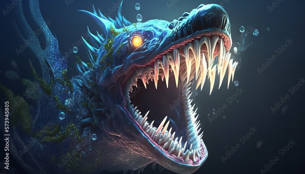 Sea monster, Imaginary underwater creature with a mouth full of teeth ...