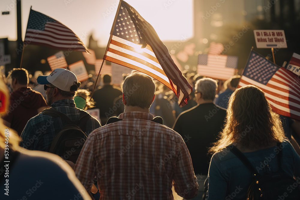 Crowd of people with American flag back view, rally and protest on city ...