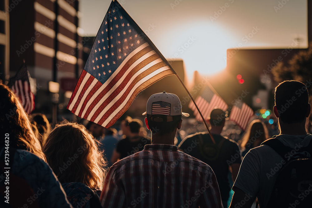 Crowd of people with American flag back view, rally and protest on city ...