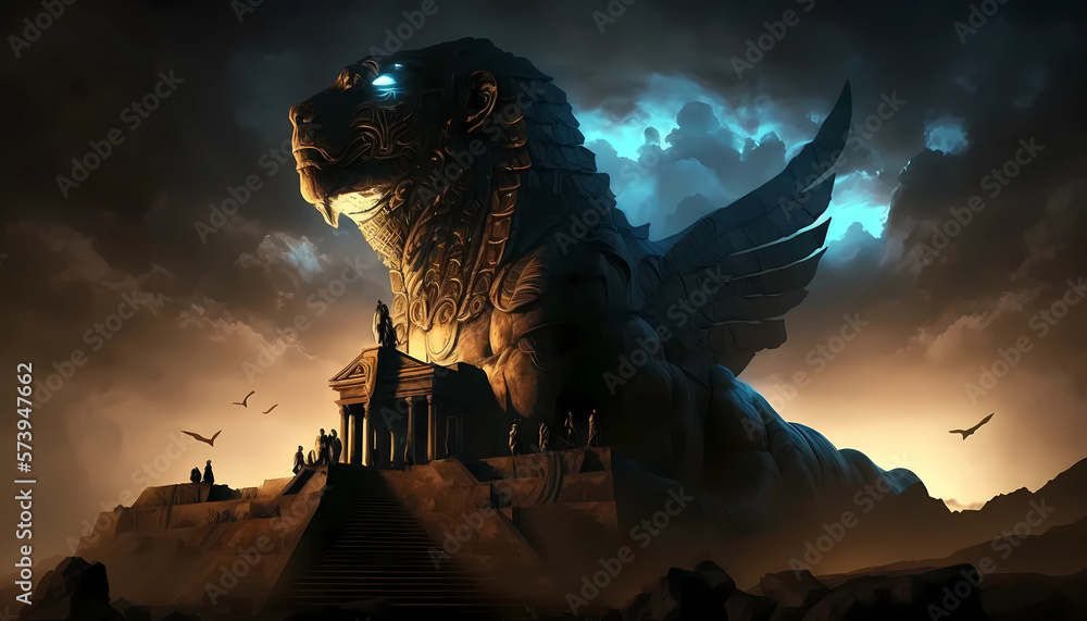 Dark Fantasy Androsphinx at Night on a destroyed Pyramid Landscape Art ...