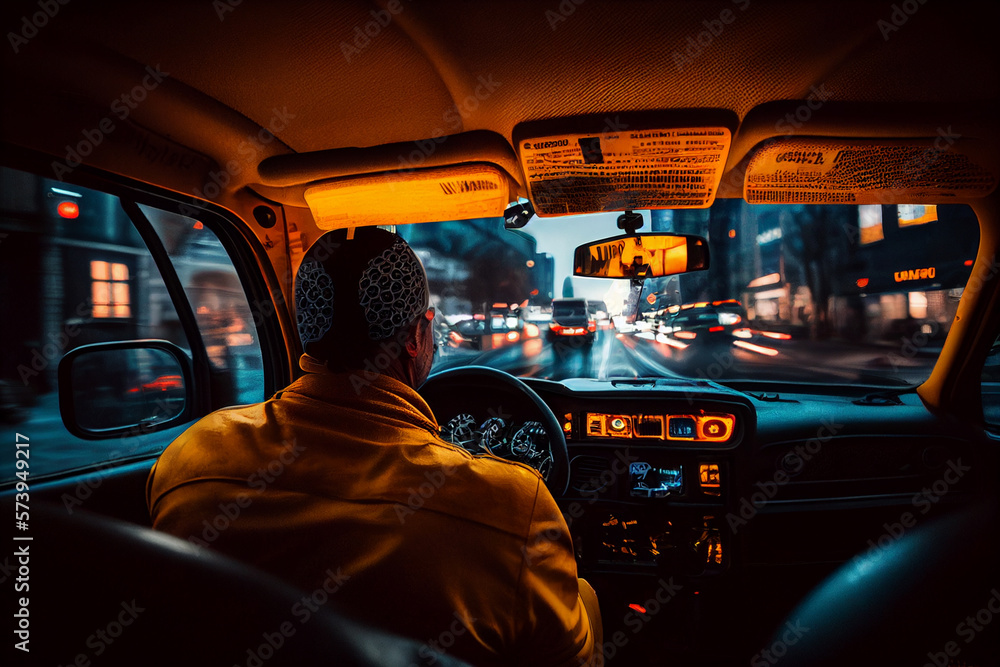 Taxi Man driving a car, personal driver, business taxi, back view ...