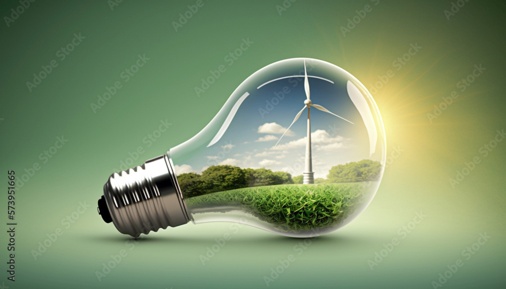light bulb with a wind turbine inside. Concept of green energy saving ...