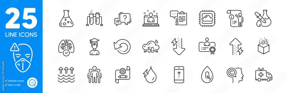 Outline icons set. Writer, Lungs and Manual doc icons. 5g cloud ...