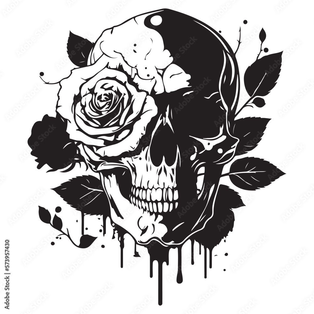 Skull With Rose Flower Black Outline Vector. Human skull with rose ...