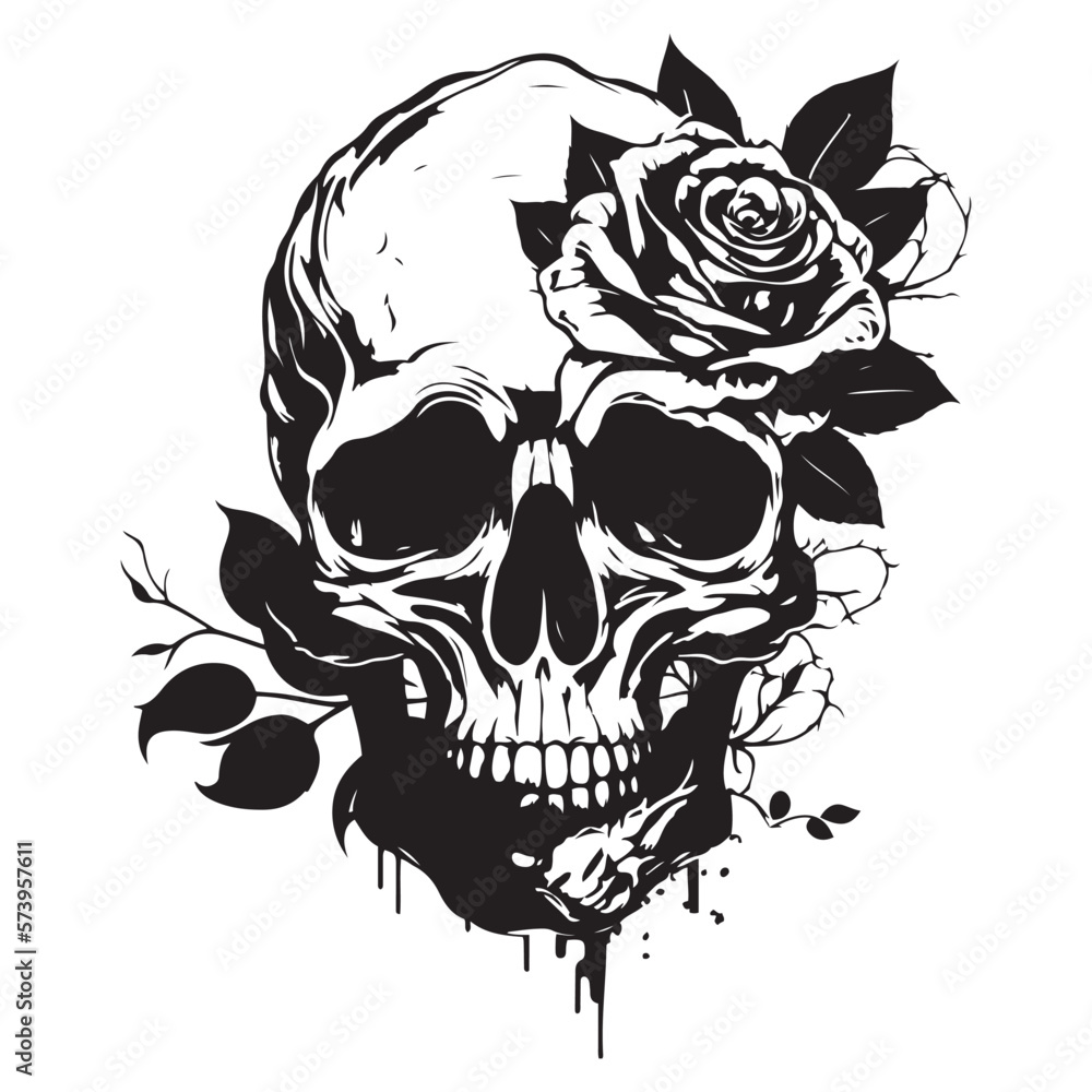 Skull With Rose Flower Black Outline Vector. Human skull with rose ...