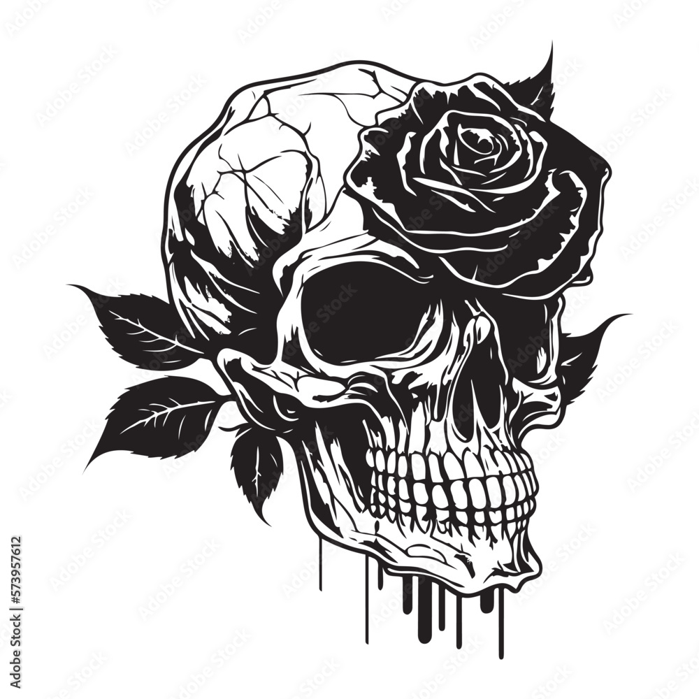 Skull With Rose Flower Black Outline Vector. Human skull with rose ...