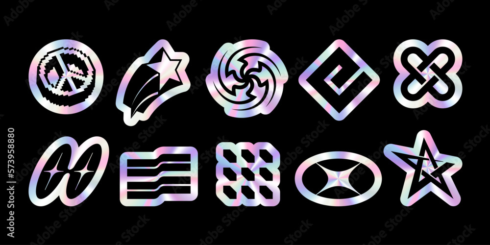 Holographic stickers set in trendy Y2K retro style. Hologram labels of ...