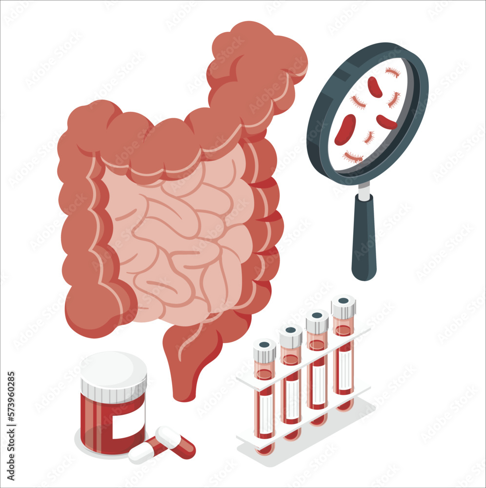 3d Gut health vector illustration. Flat tiny gastrointestinal microbe ...