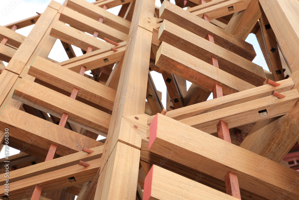Construction details with teak wood, joints between elements. Wood ...