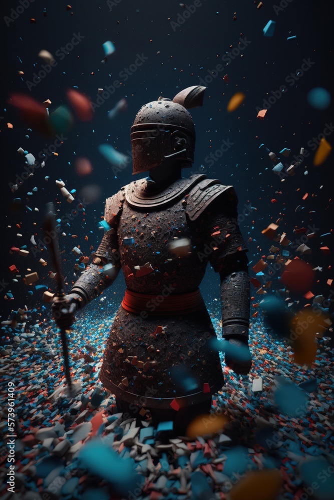 A knight in a suit of armor surrounded by confetti and confetti octane ...