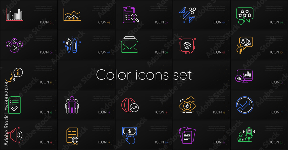 Set of Approved checklist, Accounting report and Cogwheel line icons ...