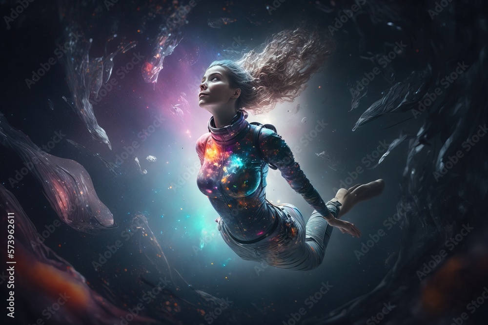 A woman floating in space with a lot of stars in her hair and a space ...