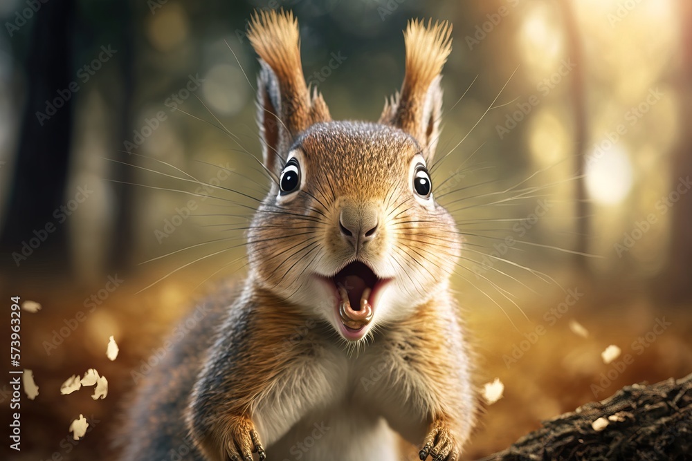A squirrel is making a funny face in the woods with its mouth open and ...