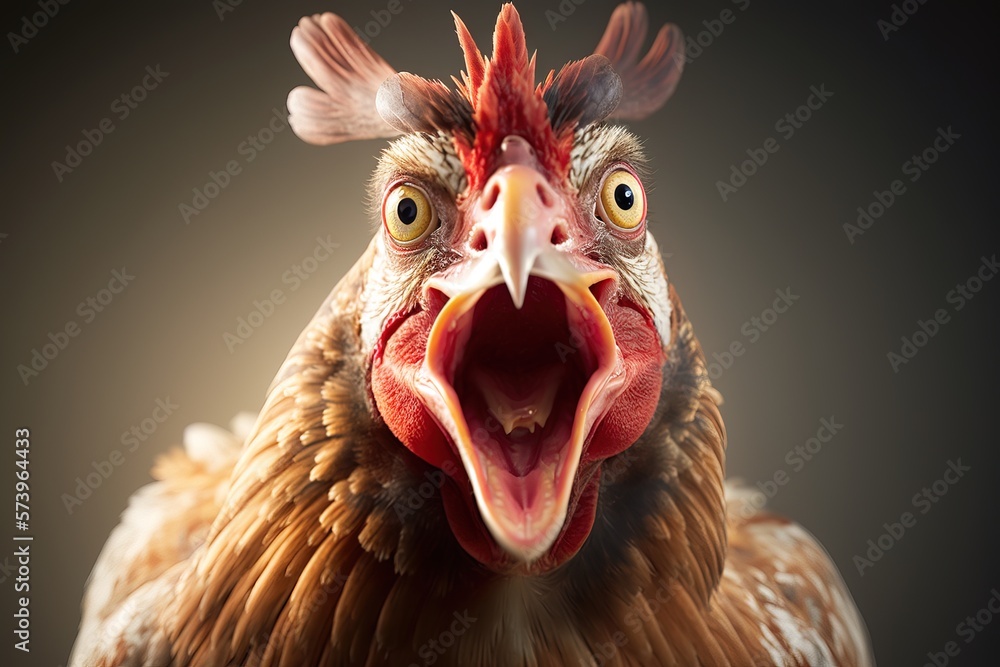 A close up of a chicken with its mouth open and tongue out with a black ...