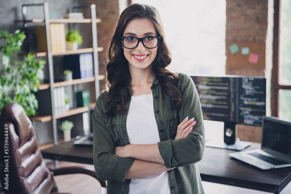Photo of successful smart lady professional hacker arm folded toothy ...