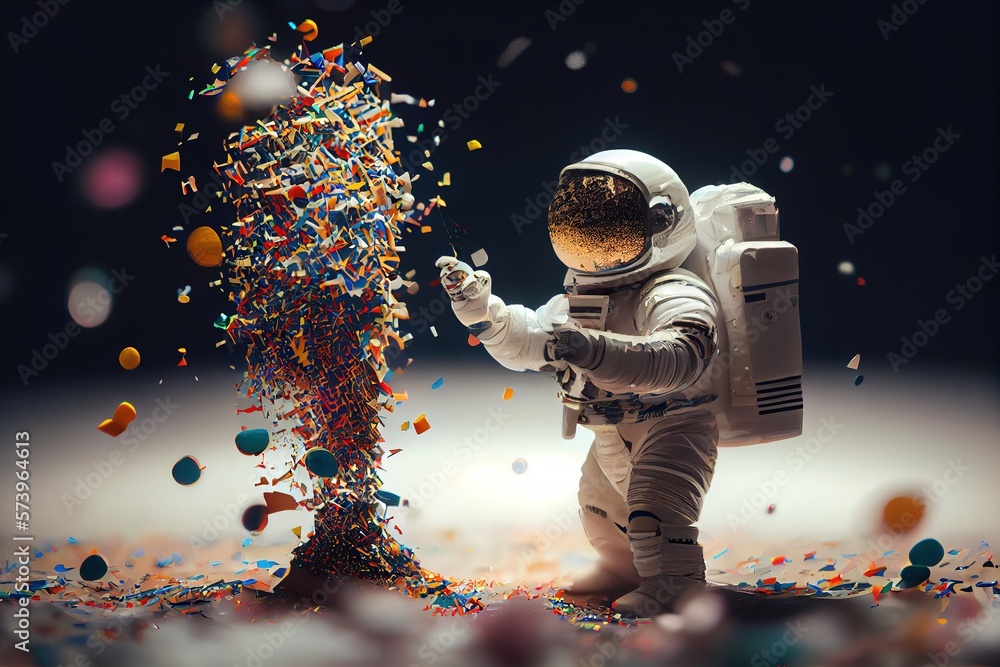 A man in a space suit standing next to a tall tower of confetti ...