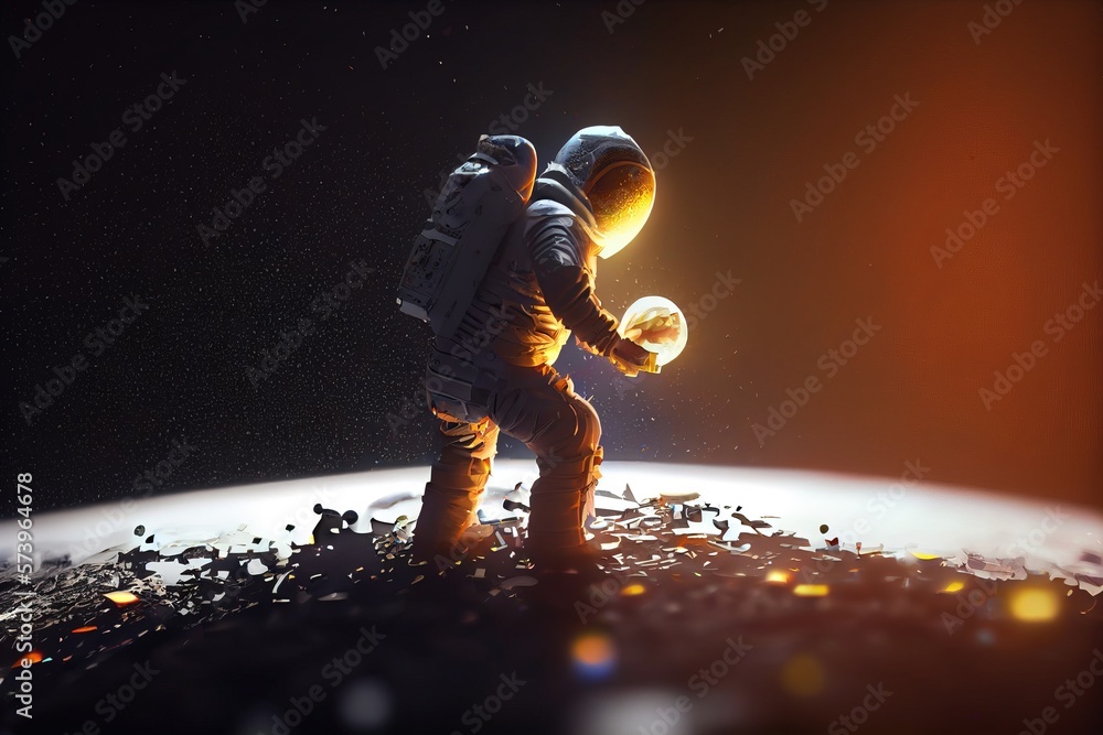 An astronaut walking on a rocky surface in space with a glowing orb in ...