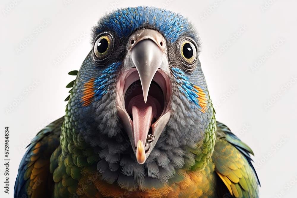 A colorful bird with its mouth open and it's mouth wide open with its ...