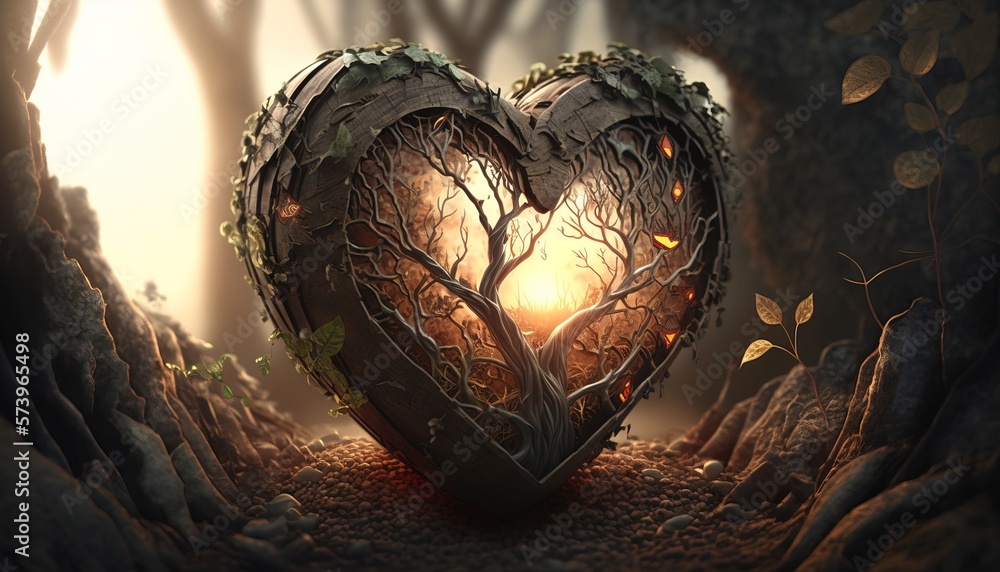 A heart shaped tree with a light shining through it in a forest setting ...