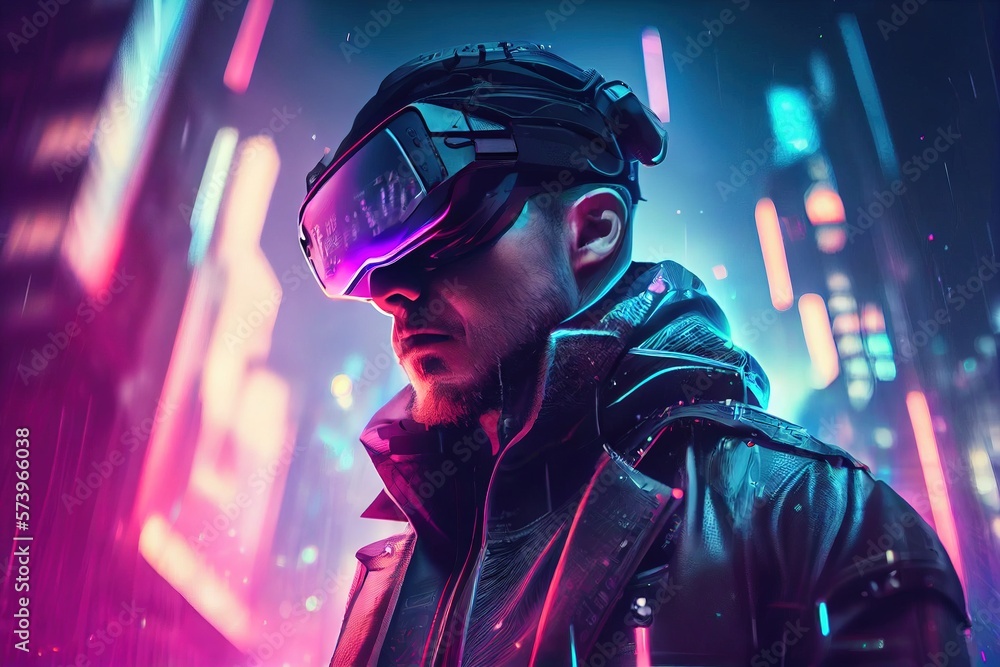 A man in a futuristic city with a futuristic helmet on his head and a ...