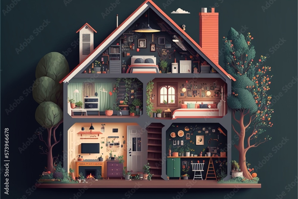 A house with a lot of rooms and furniture inside of it and a tree in ...